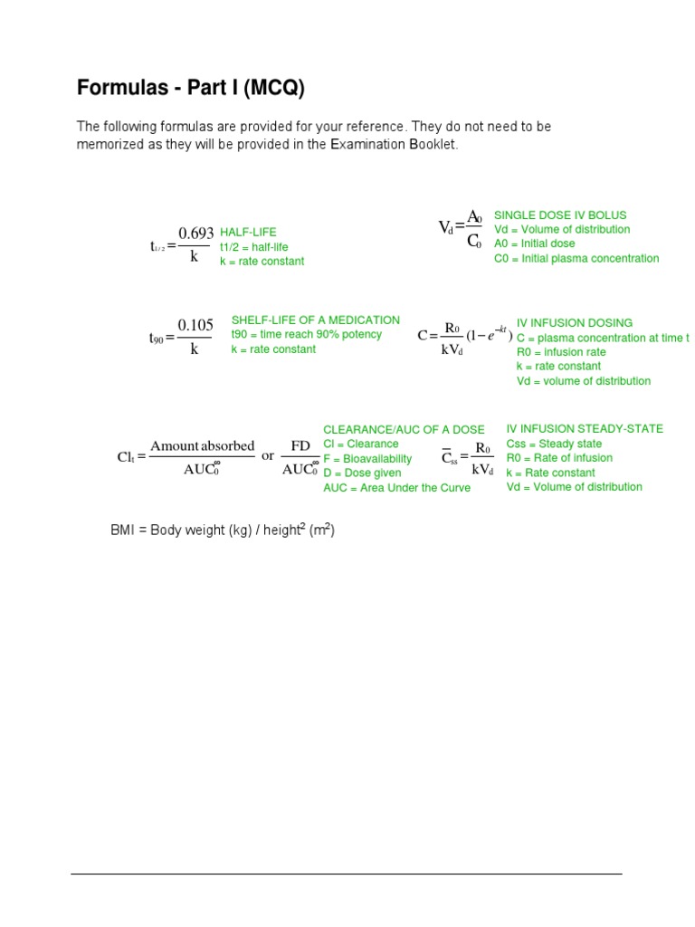 Formulas - Part I (MCQ) | PDF