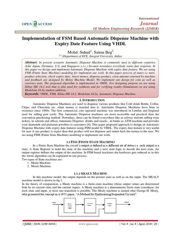 Implementation of FSM Based Automatic Dispense Machine With Expiry Date Feature Using VHDL | PDF ...