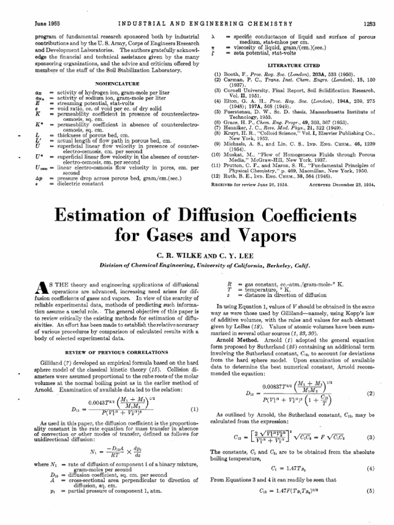+ Estimation of Diffusion Coefficients For Gases An Vopors | PDF ...