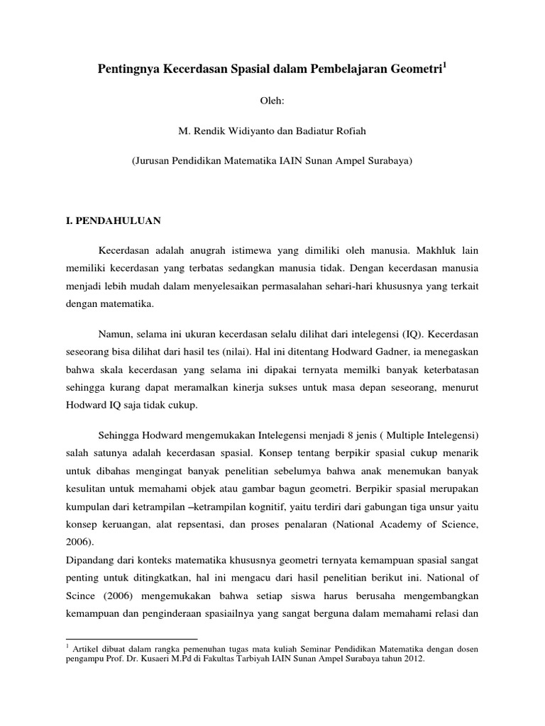 Pentingnya Kecerdasan Spasial Dalam Pembelajaran Geometri | PDF