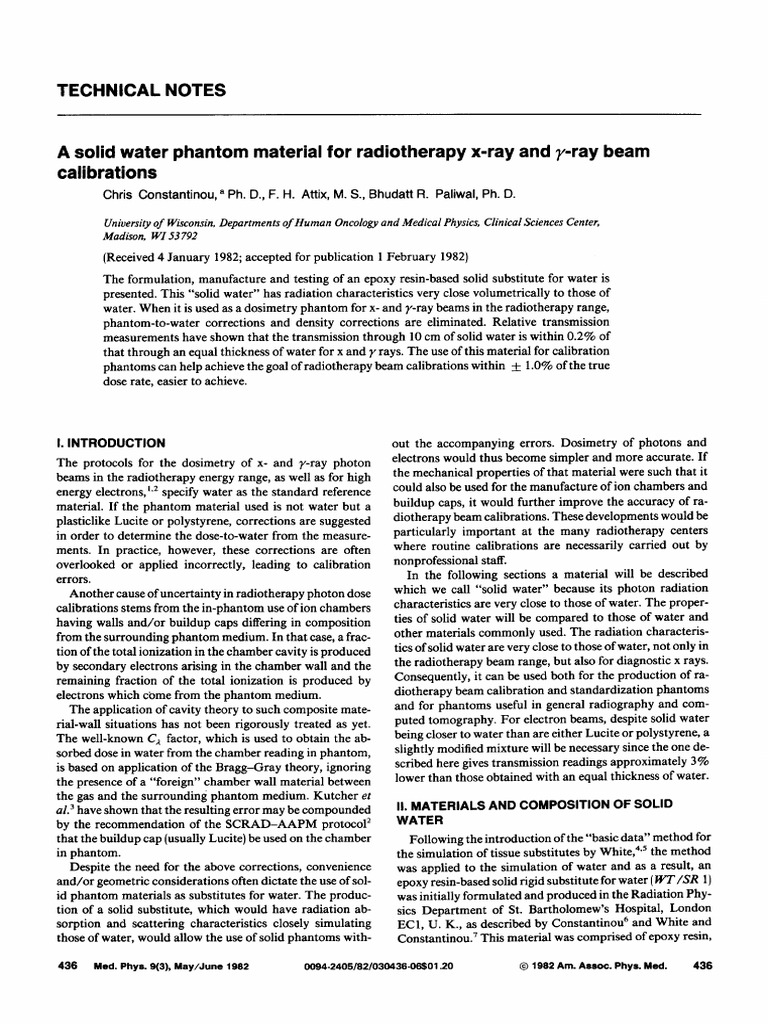 A Solid Water Phantom Material For Radiotherapy X-Rays and Gamma Ray ...