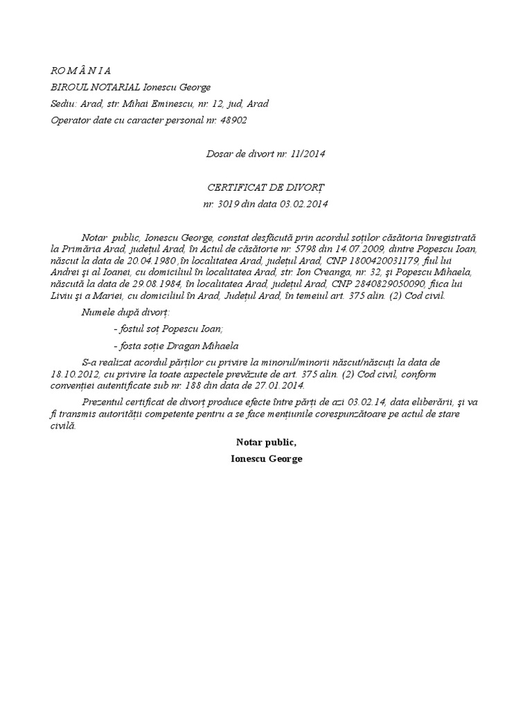 Certificat de Divorț Notarial România | PDF