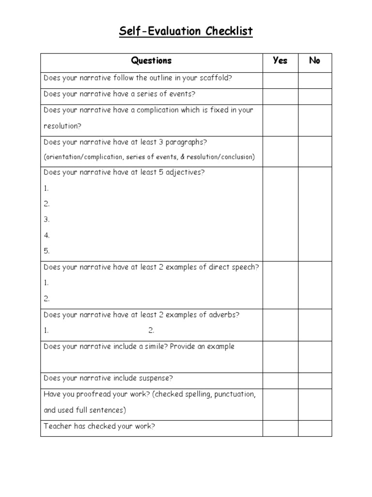 Narrative Writing Self-Evaluation Checklist | PDF