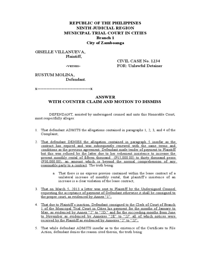 Defendant's Answer to Complaint for Unlawful Detainer, with Counterclaim and Motion to Dismiss ...