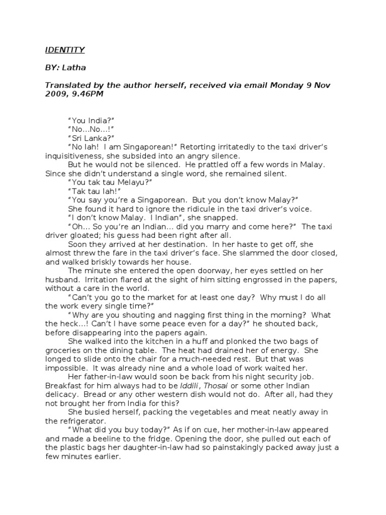 IDENTITY By: Latha Translated by The Author Herself, Received Via | PDF