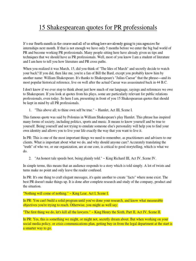 Shakespeare Quotes for PR Success | PDF | William Shakespeare | Romeo ...