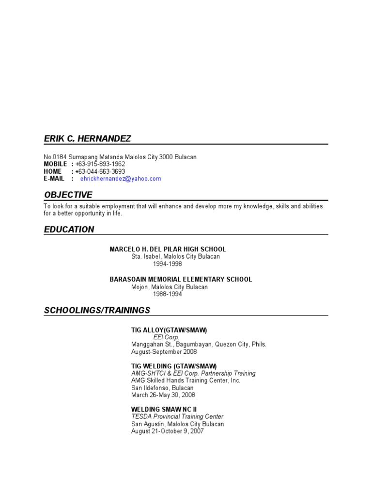 Sample Resume for NC II Holder | PDF