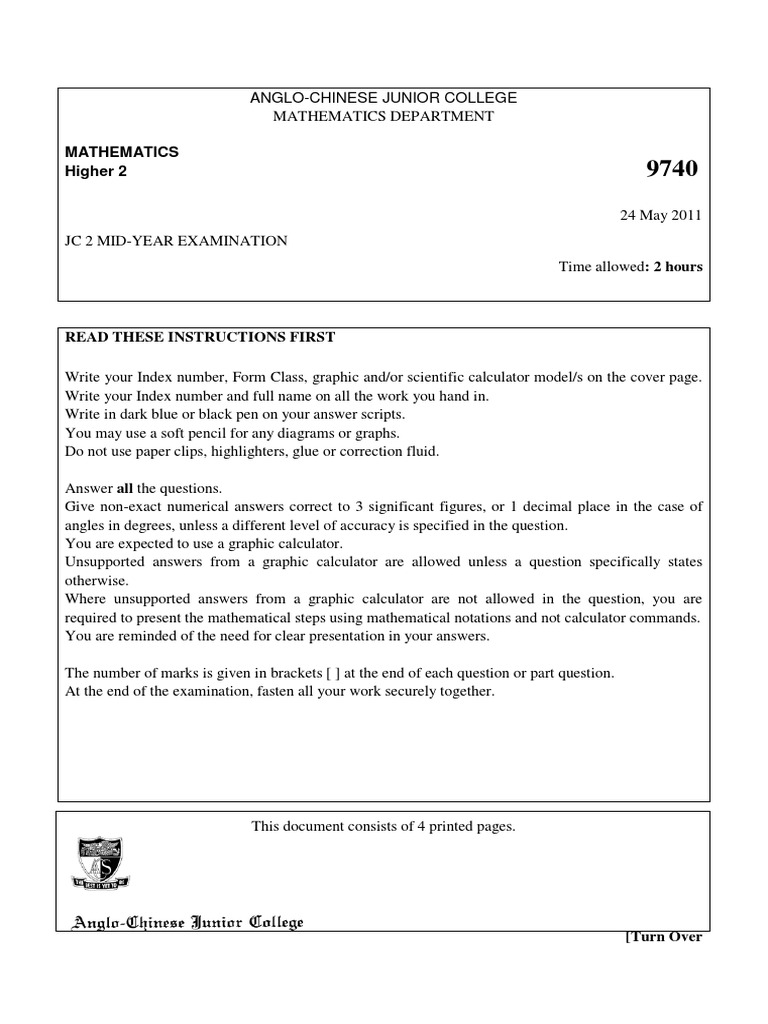 ACJC JC 2 H2 Maths 2011 Mid Year Exam Questions | PDF | Poisson ...
