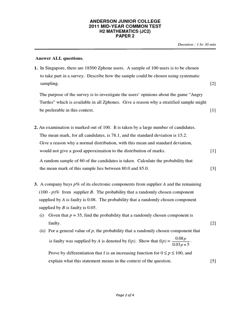 AJC JC 2 H2 Maths 2011 Mid Year Exam Question Paper 2 | PDF | Variance ...