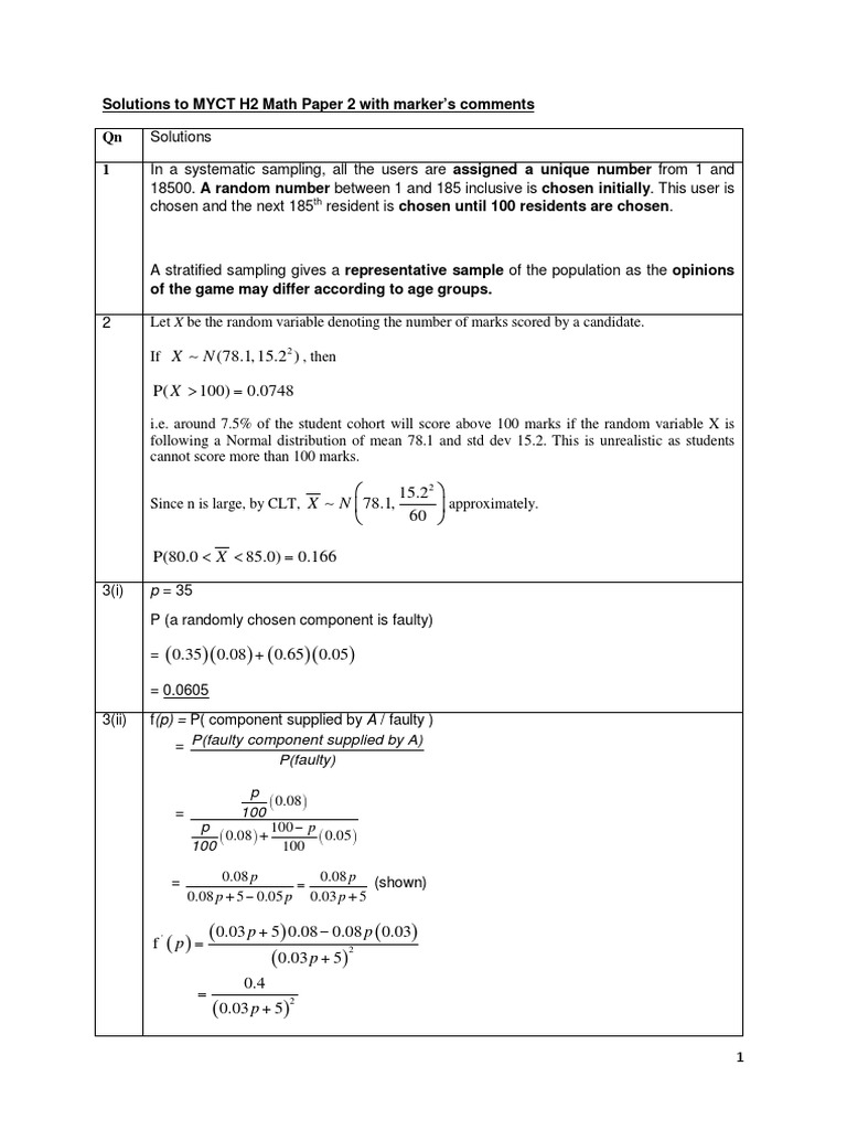 AJC JC 2 H2 Maths 2011 Mid Year Exam Solutions Paper 2 | PDF | Probability And Statistics ...