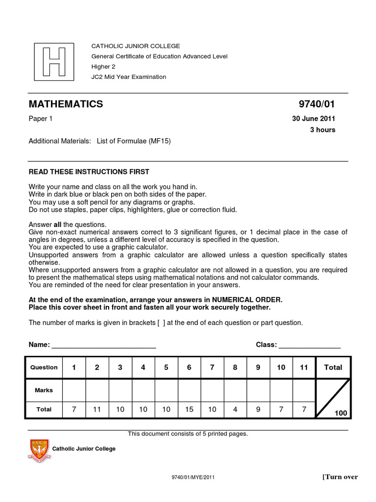 CJC JC 2 H2 Maths 2011 Mid Year Exam Questions | PDF | Function ...