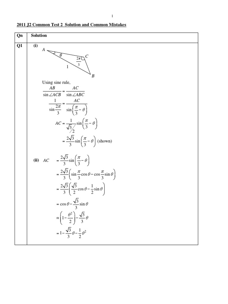 JJC JC 2 H2 Maths 2011 Mid Year Exam Solutions | PDF | Sine ...