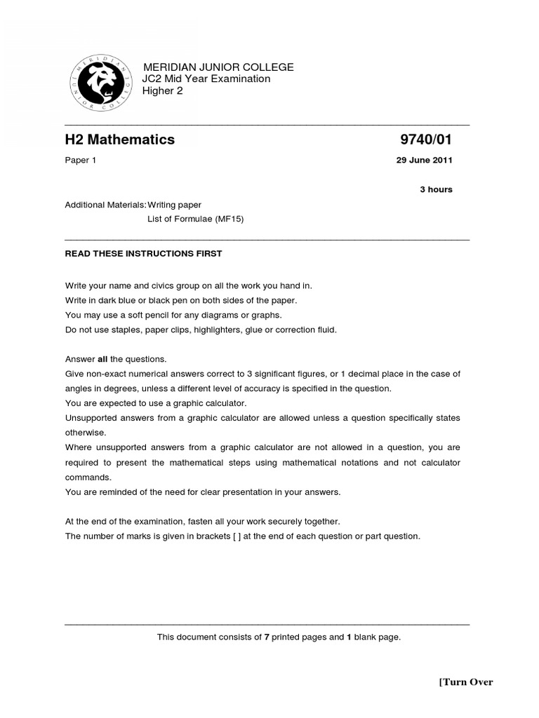 MJC JC 2 H2 Maths 2011 Mid Year Exam Questions Paper 1 | PDF | Plane ...
