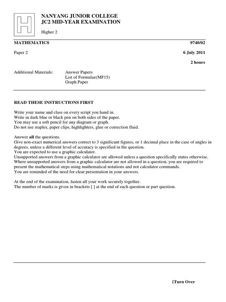 NYJC JC 2 H2 Maths 2011 Mid Year Exam Question Paper 2 | Download Free ...