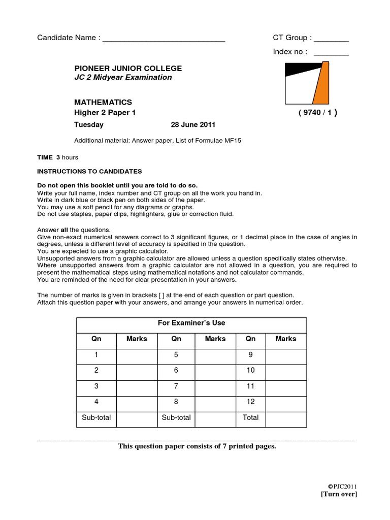 PJC JC 2 H2 Maths 2011 Mid Year Exam Question Paper 1 | PDF | Cartesian ...