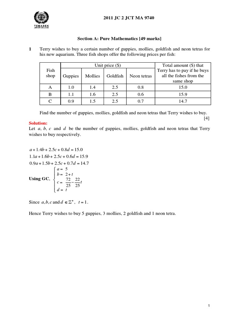 TJC JC 2 H2 Maths 2011 Mid Year Exam Solutions | PDF | Statistical ...