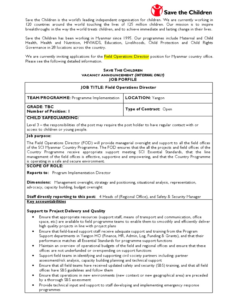 Field Operations Director Vacancy in Myanmar | PDF | International ...