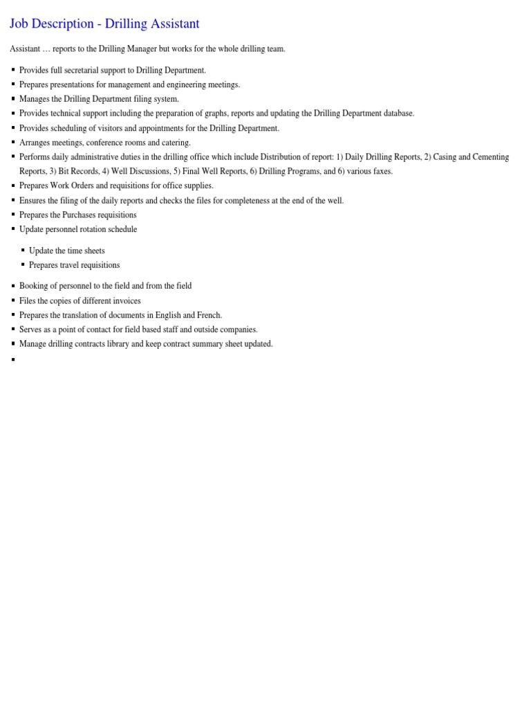 Drilling Assistant Job Description | PDF | Computers | Technology ...