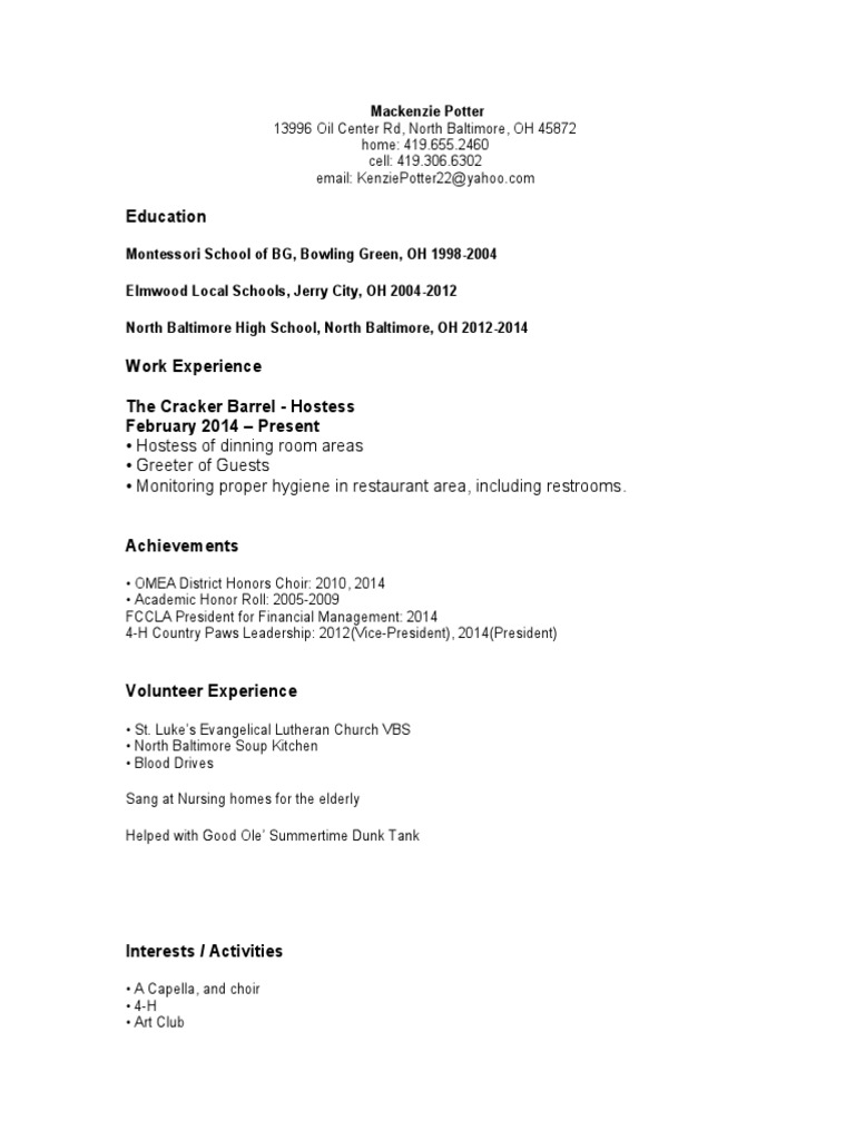 Sample Resume | PDF | Cooking, Food & Wine