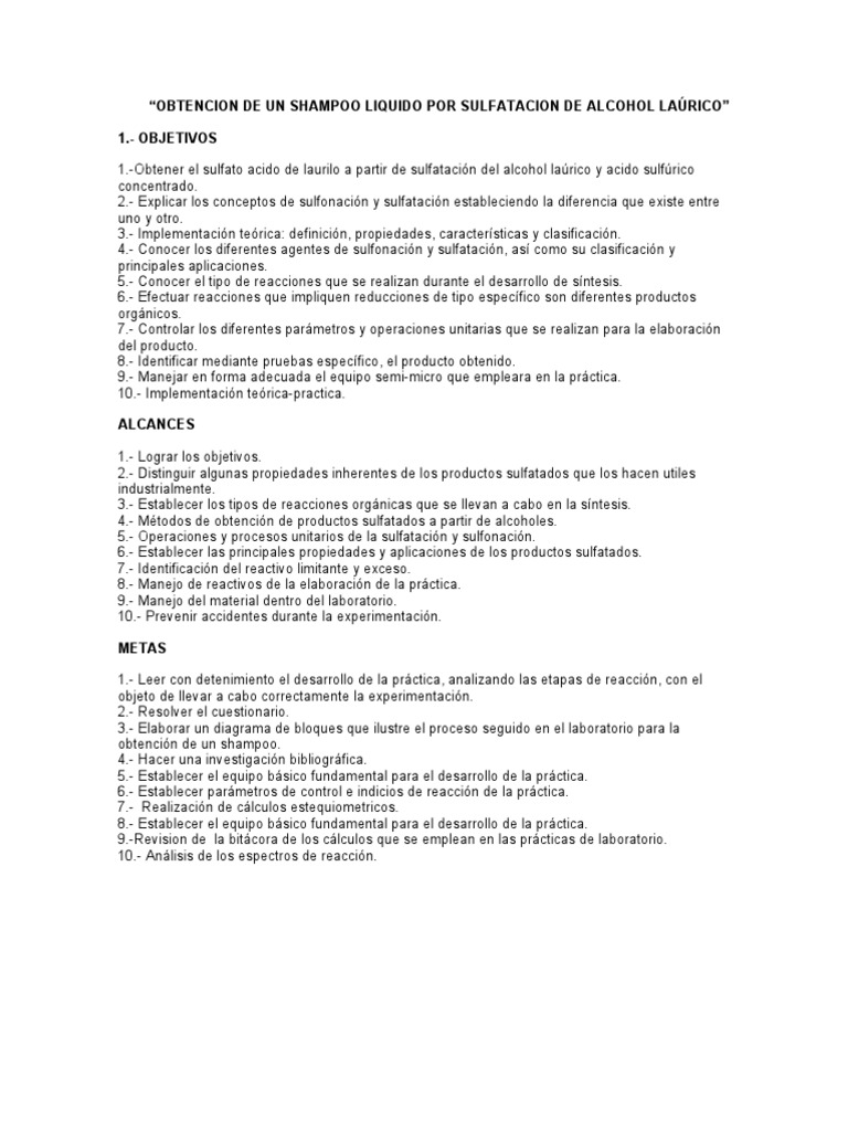 Obtencion de Un Shampoo Liquido Por Sulfatacion de Alcohol Laúrico ...
