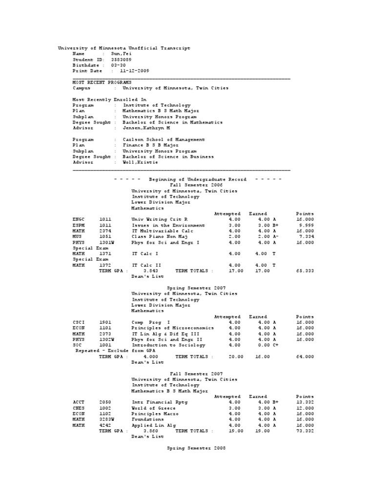 University of Minnesota Unofficial Transcript | PDF | Mathematics | Teaching Mathematics