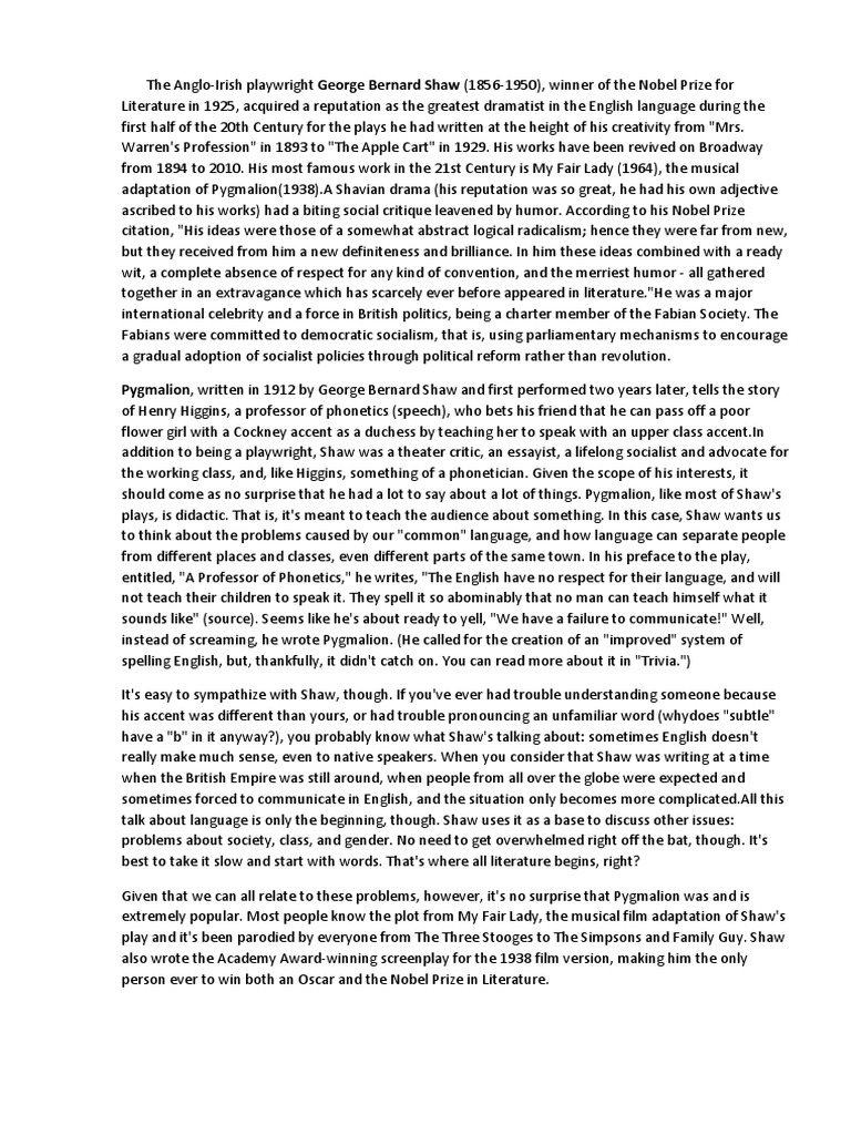All About Pygmalion and It's Author | PDF | Pygmalion (Play) | George ...