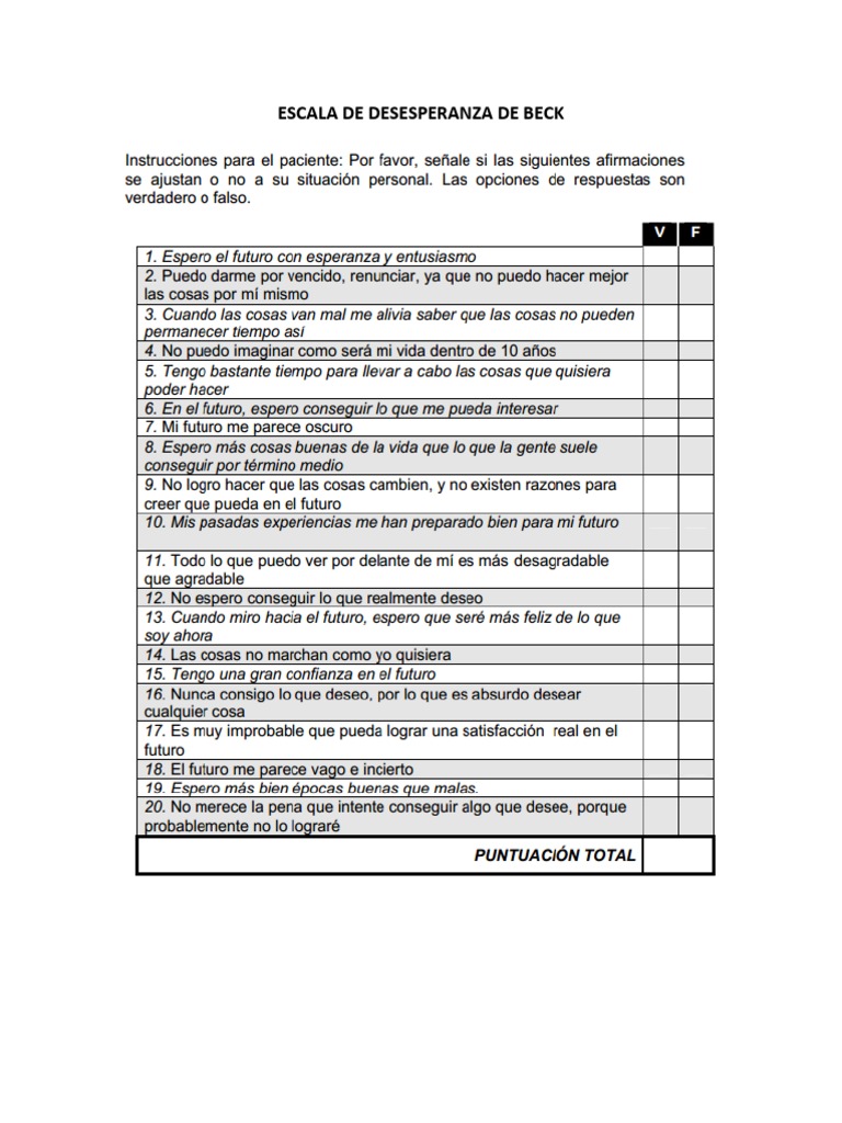 Escala de Desesperanza de Beck | PDF | Suicidio | Sicología