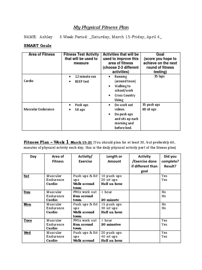 Weekly Physical Fitness Plan Example | PDF | Physical Fitness | Aerobic ...