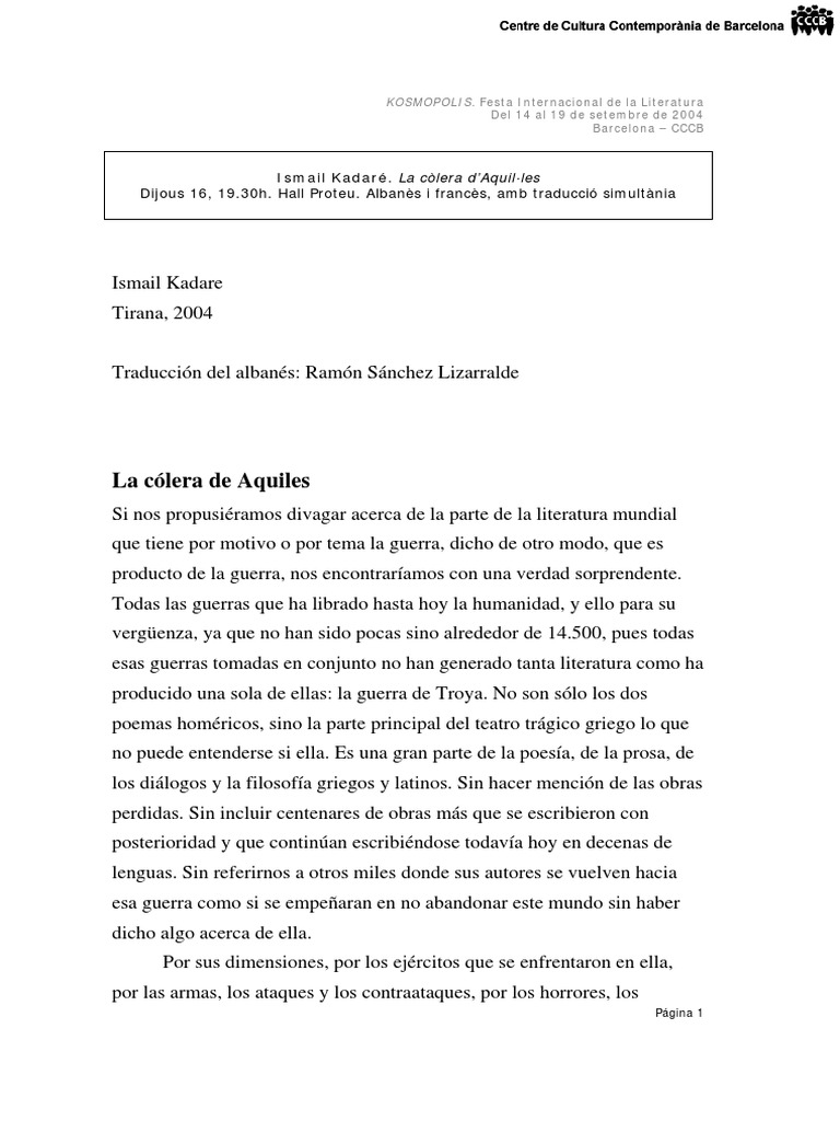 La Cólera de Aquiles-Ismail Kadaré | PDF | Homero | Héctor