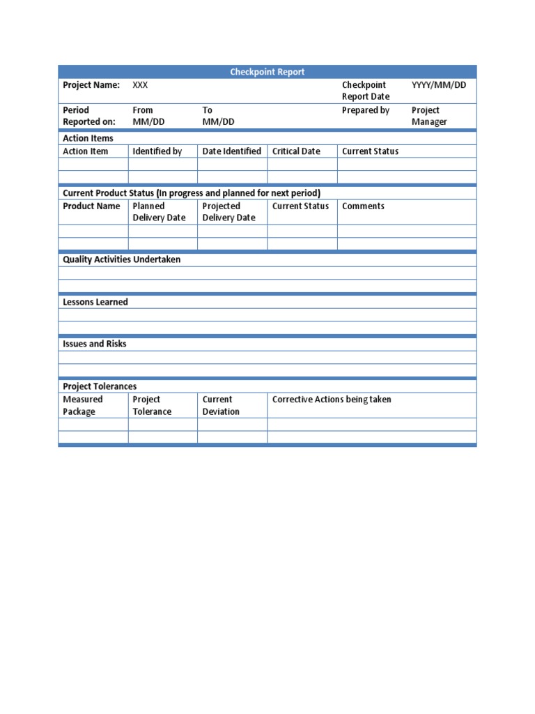 Project Name: Period Reported On: Action Items: Checkpoint Report | PDF ...