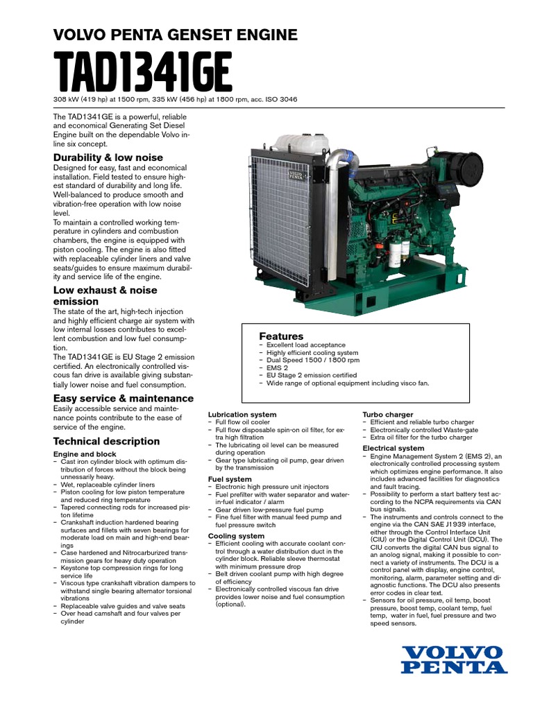 TAD1341GE: Volvo Penta Genset Engine | PDF | Piston | Cylinder (Engine)