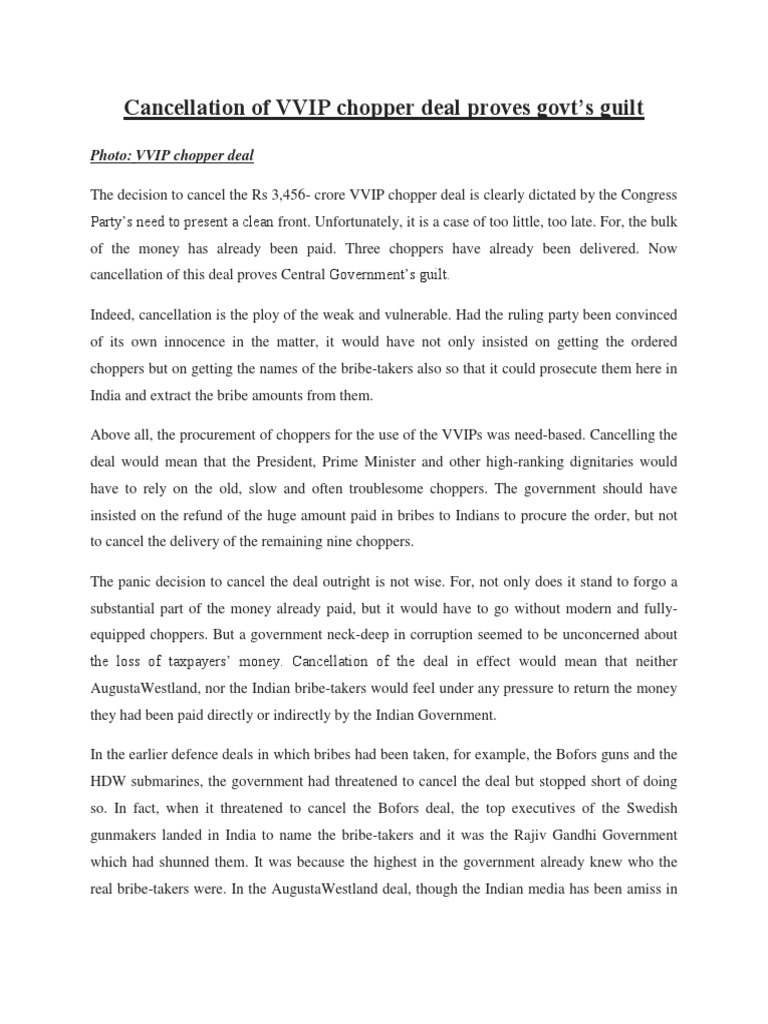 Cancellation of VVIP Chopper Deal Proves Govt's Guilt | PDF | Indian ...