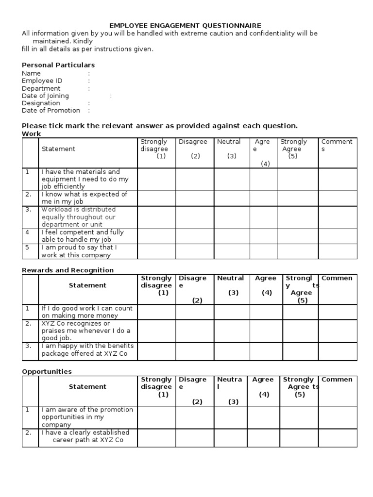 Employee Engagement Survey Questionnaire | PDF | Mentorship | Behavior ...