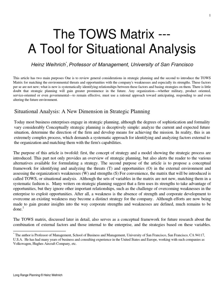 The TOWS Matrix - A Tool For Situational Analysis | PDF | Strategic ...