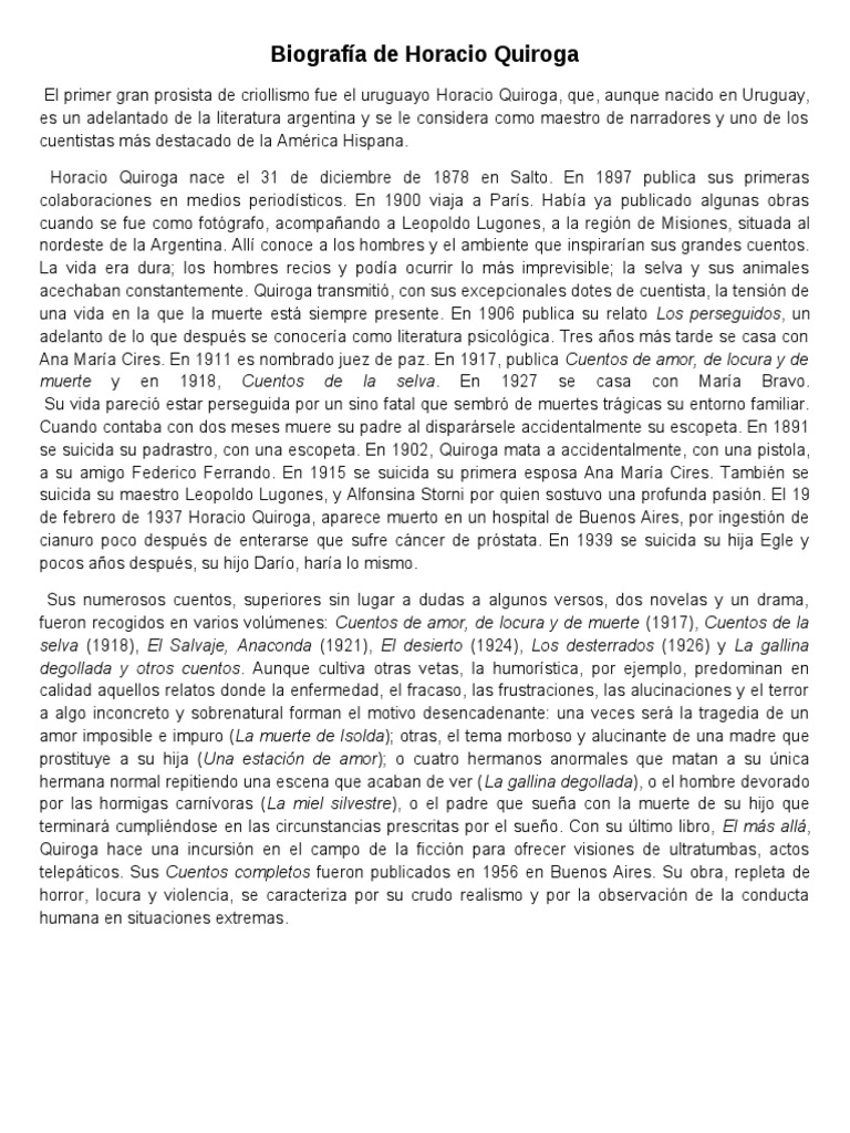 Biografía de Horacio Quiroga | PDF