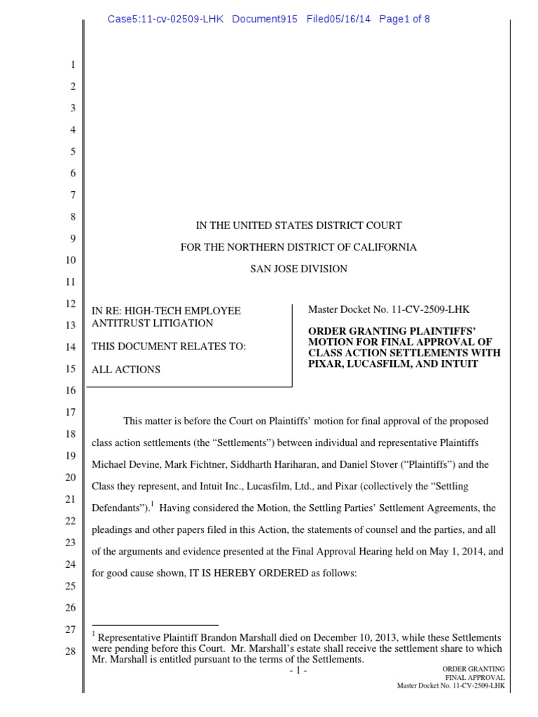 Order Granting Plaintiffs' Motion For Final Approval of Class Action ...