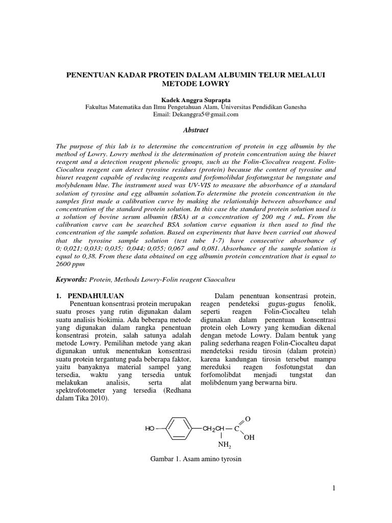 Penentuan Kadar Protein Dalam Albumin Telur Melalui Metode Lowry | PDF