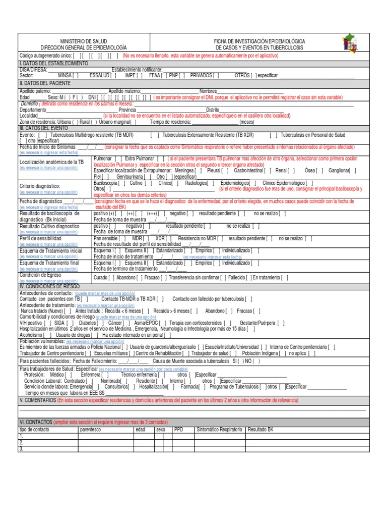 Ficha de investigación epidemiológica de casos y eventos de tuberculosis | PDF | Tuberculosis ...