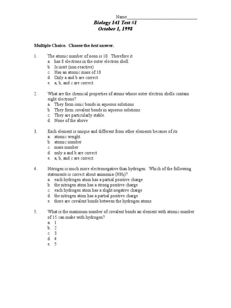 Biology 141 Test #1 October 1, 1998: Multiple Choice. Choose The Best ...