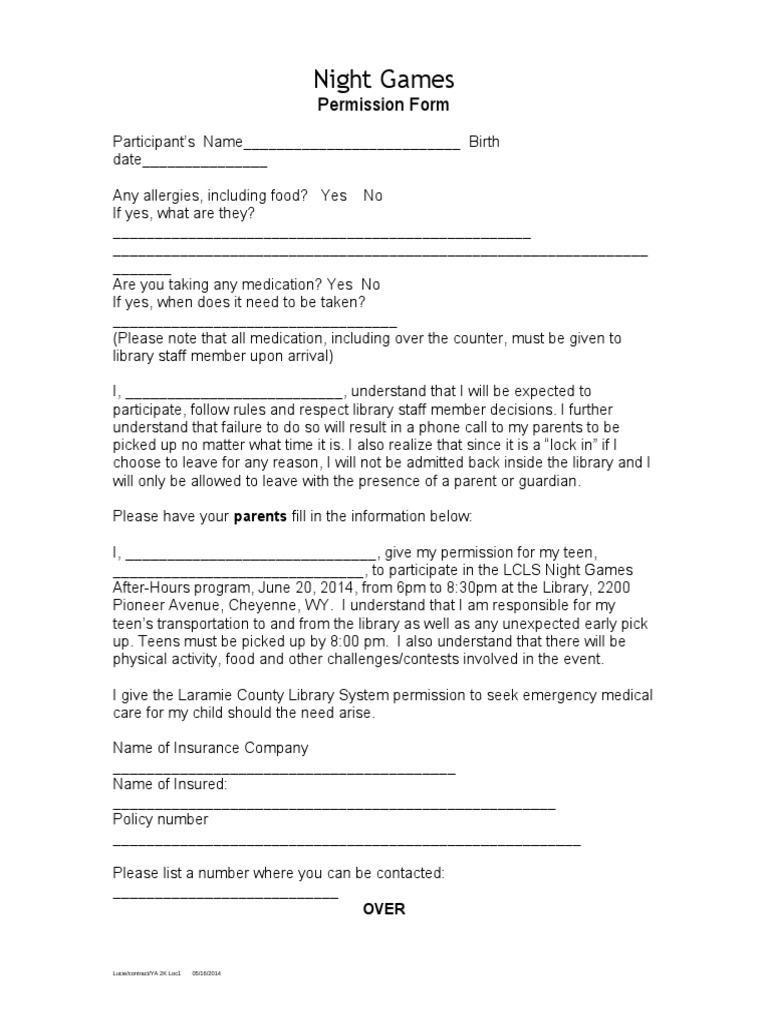 LCLS Night Games Permission Form | PDF | Social Institutions | Social ...