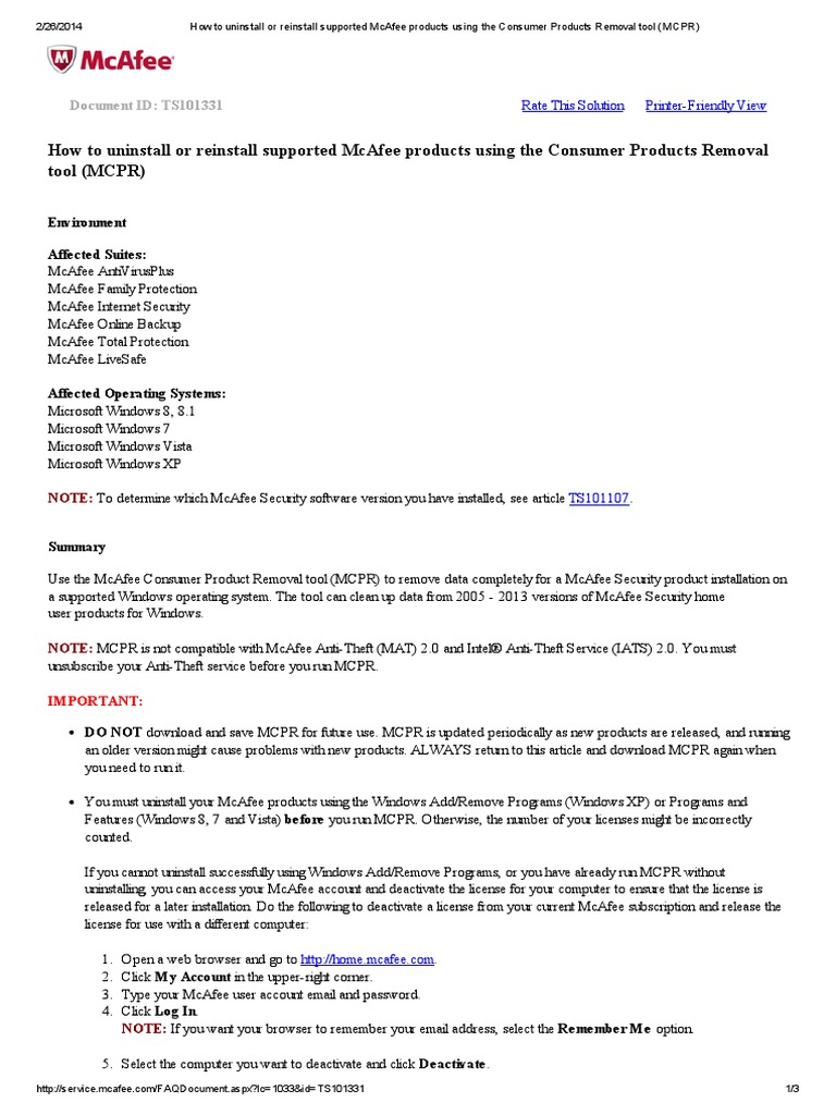 McAfee Products Using The Consumer Products Removal Tool (MCPR) | PDF ...