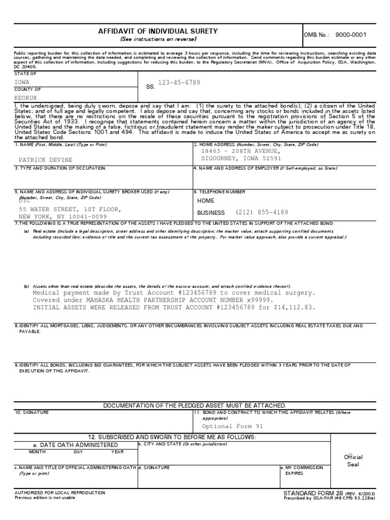 Fillable Form Affadavit Of Individual Surety Omb No 9000 0001 ...