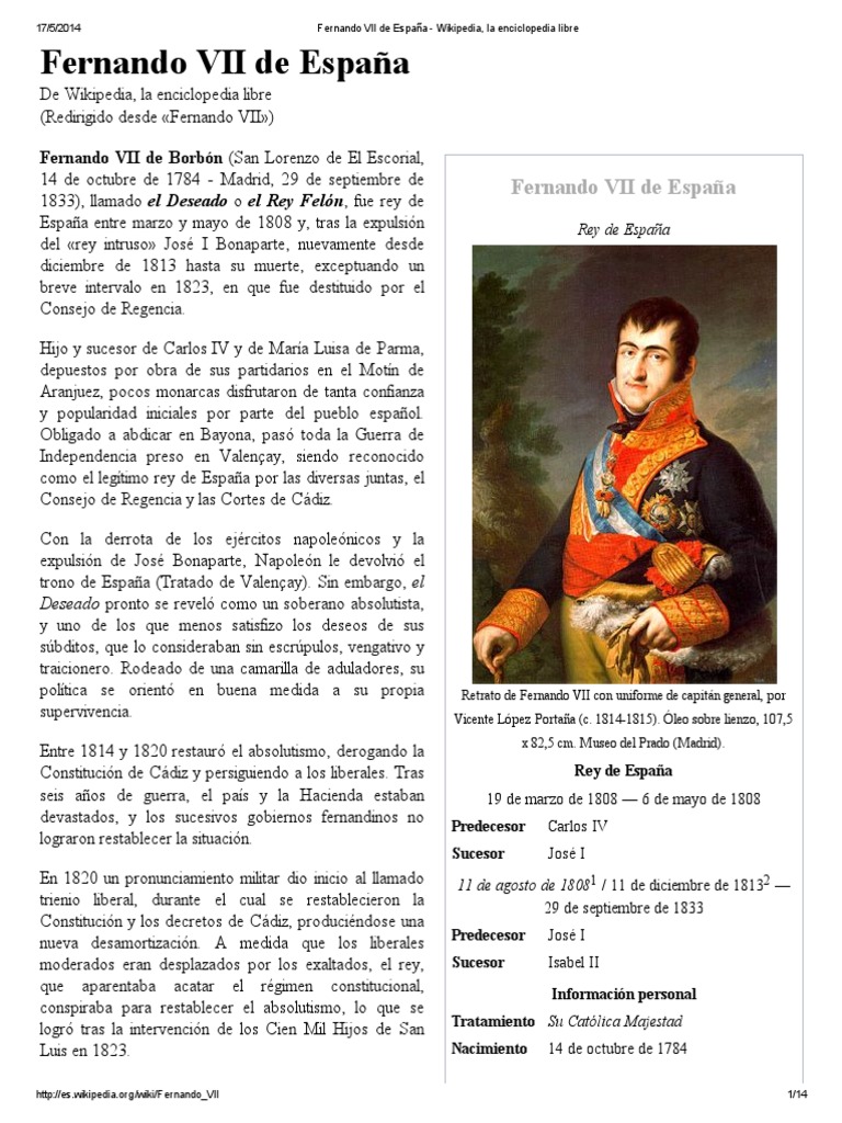 Fernando VII de España - Wikipedia, La Enciclopedia Libre | Napoleón ...