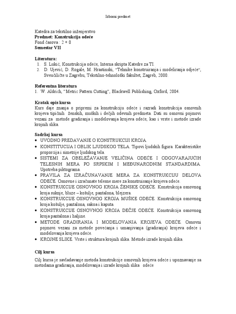 Konstrukcija Odece | PDF