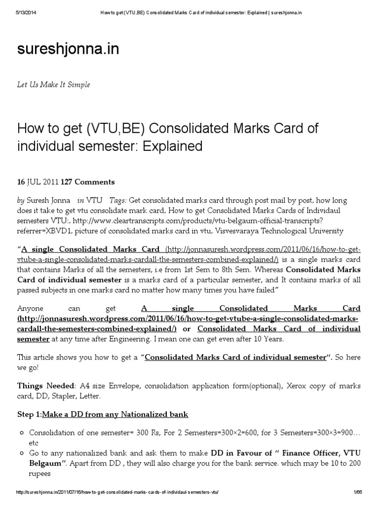How To Get (VTU, BE) Consolidated Marks Card of Individual Semester ...