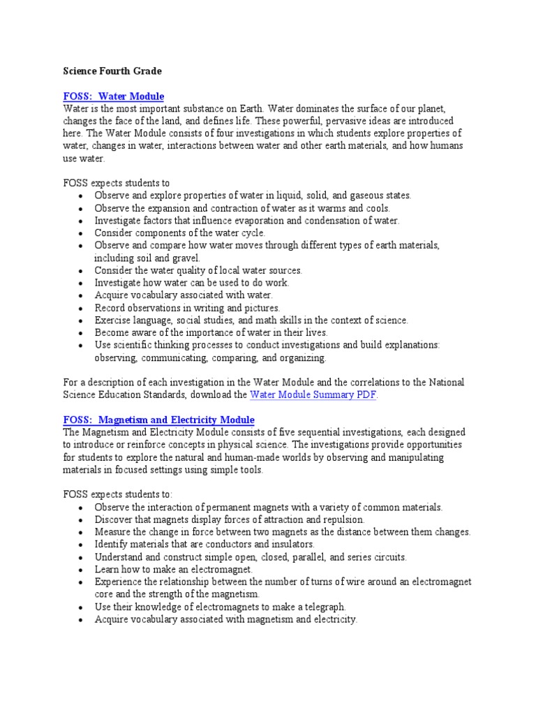 FOSS: Water Module: Science Fourth Grade | PDF | Water | Electricity