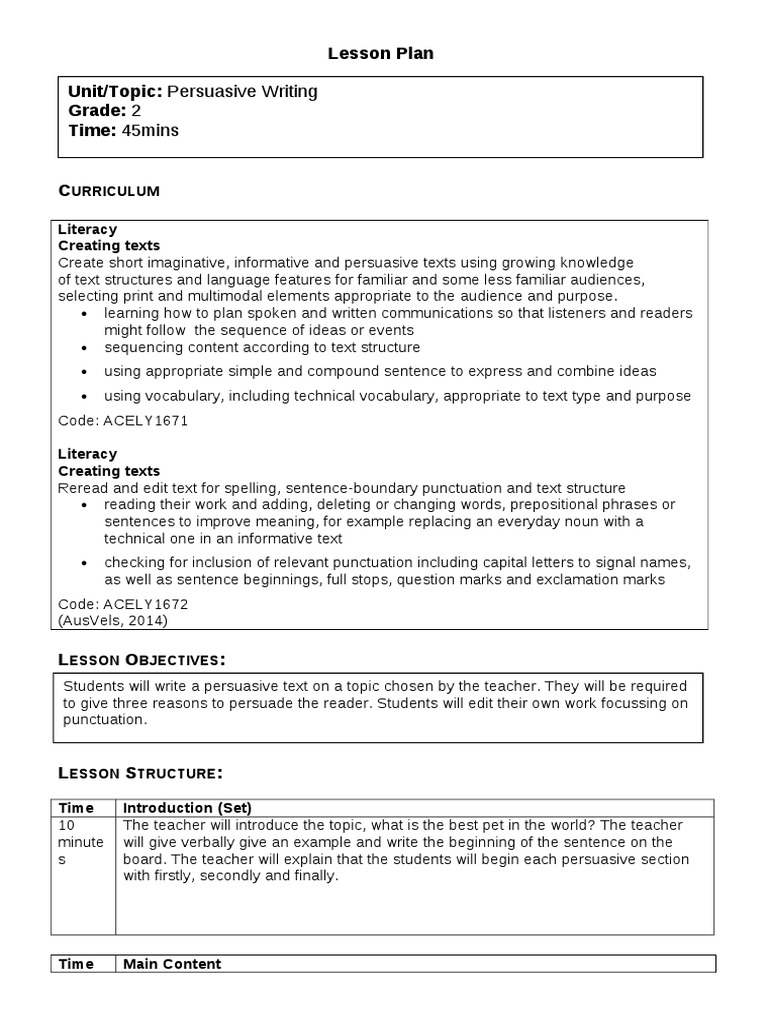 Grade 2 Persuasive Writing Lesson Plan | PDF