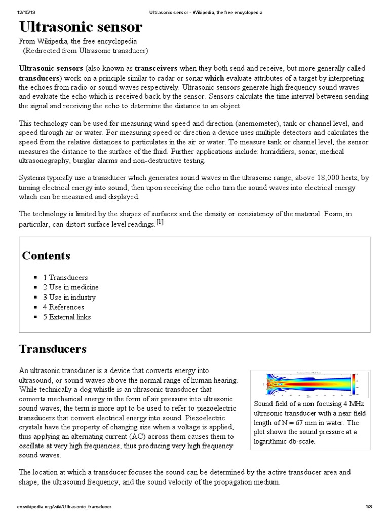 Ultrasonic Sensor - Wikipedia, The Free Encyclopedia | PDF | Equipment ...