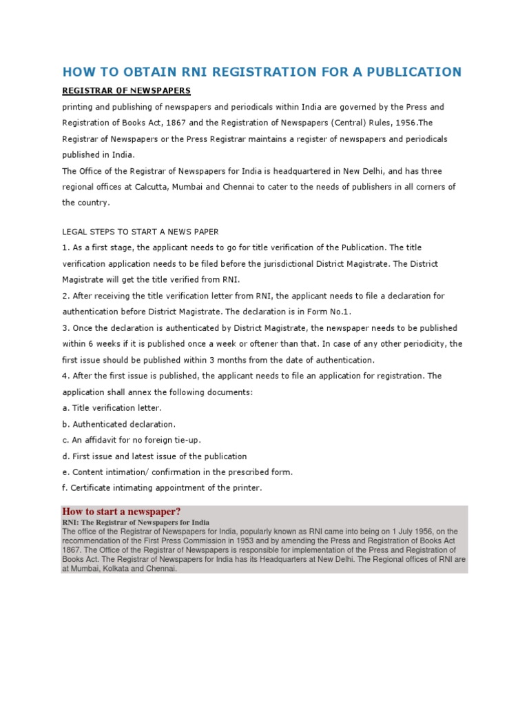 How To Obtain Rni Registration For A Publication | PDF | Notary Public ...
