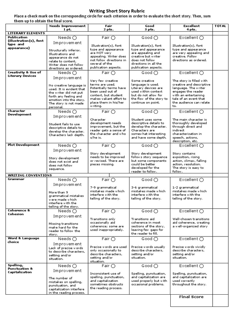 Short Story Evaluation Guide | PDF | Grammar | Rubric (Academic)
